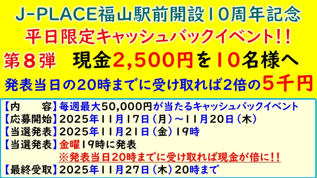 J-PLACE福山駅前開設10周年記念 キャッシュバックイベント！！第8弾のお知らせ | DASH福山/J-PLACE福山